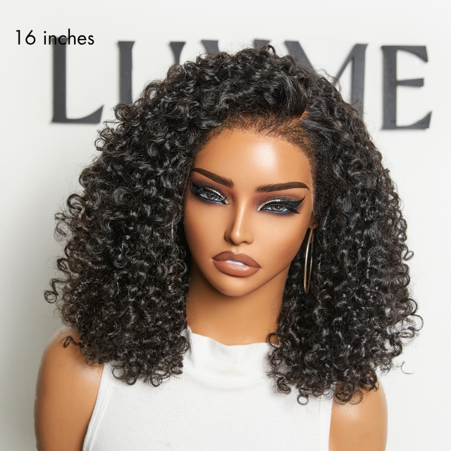 180% Density 4C Kinky Edges Jet Black Burmese Curly Glueless Ear-to-ea