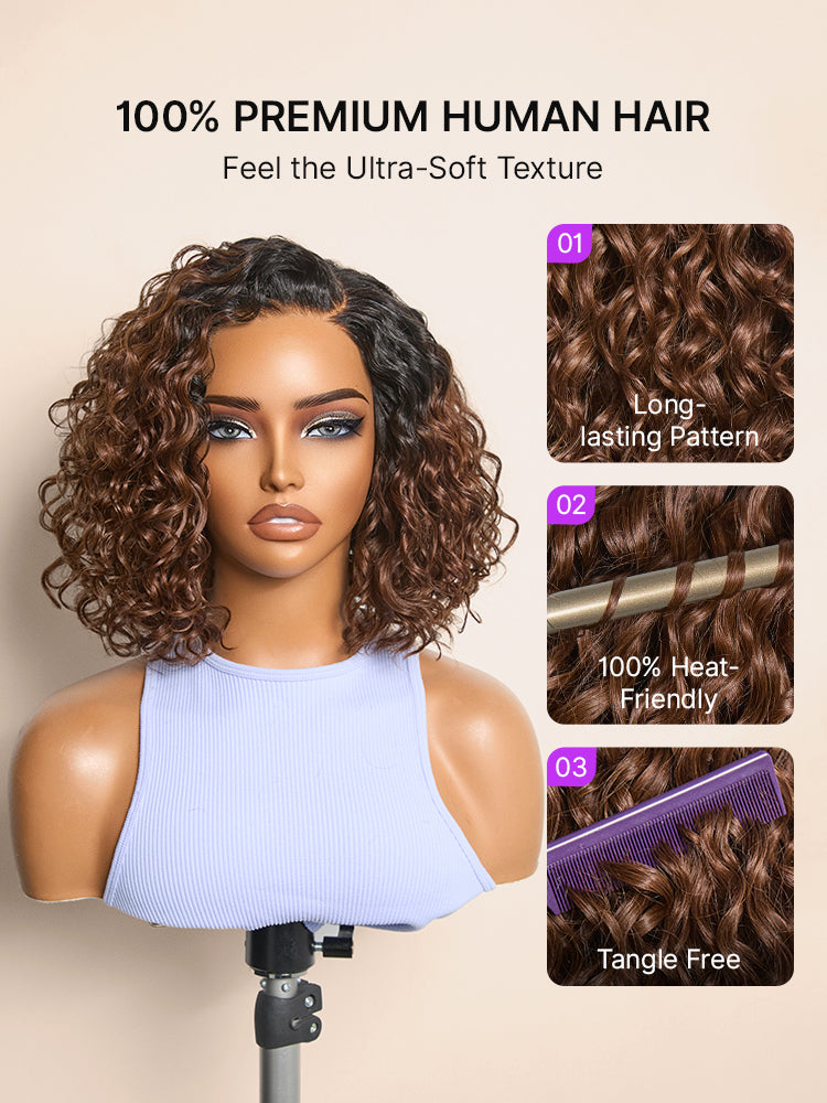 Ready to Go Ombre Brown Water Wave Short Curly Bob Wig Glueless Minima