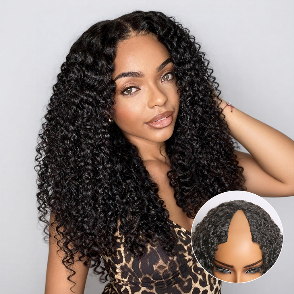 True Scalp Burmese Curly V Part Glueless Human Hair Wig Flexi-Fit Draw